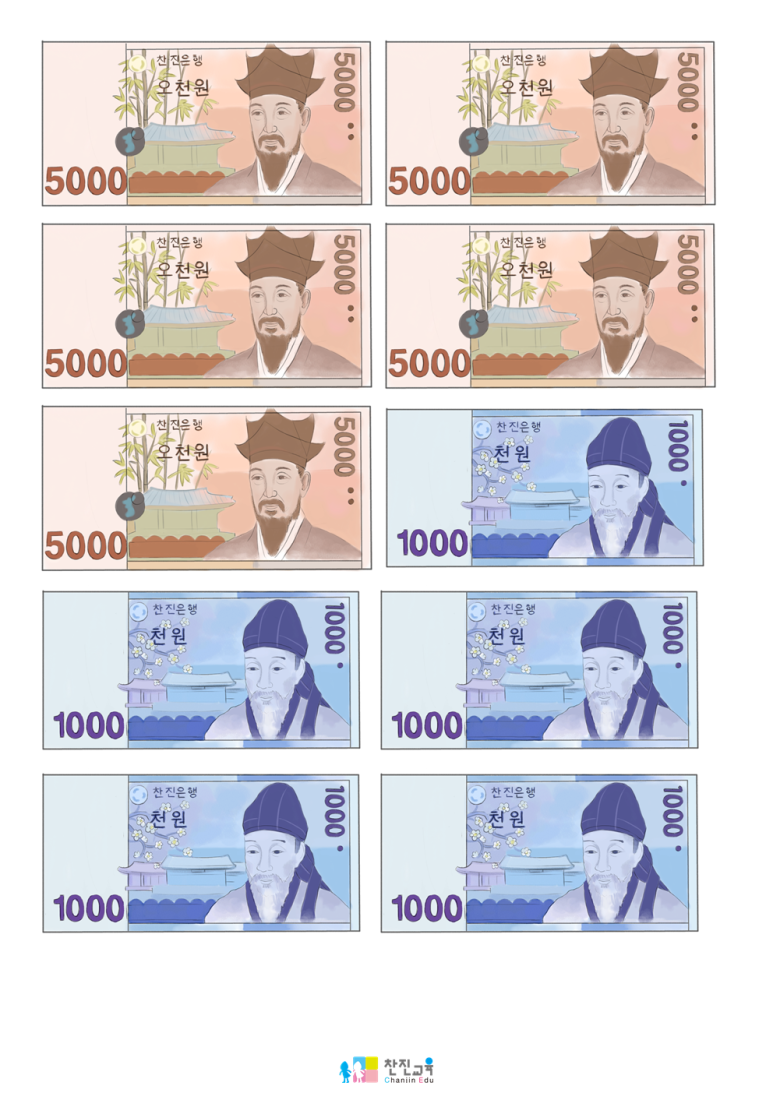 찬진교육 동전 지폐 이미지 동전 도안 지폐 도안 시장놀이 돈 우리동네 시장놀이 준비 화폐이미지